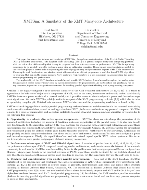 (PDF) XMTSim: A simulator of the XMT many-core architecture