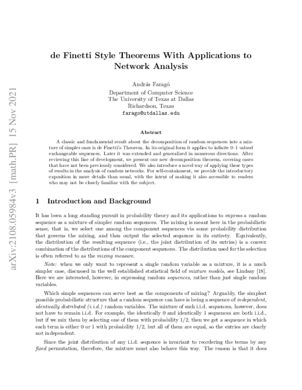 (PDF) de Finetti Style Theorems With Applications to Network Analysis