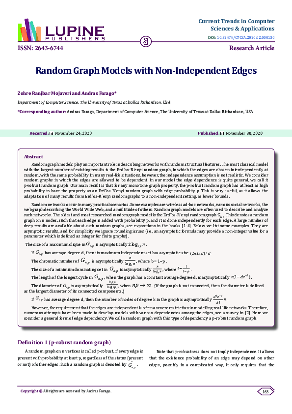 Pdf Random Graph Models With Non Independent Edges