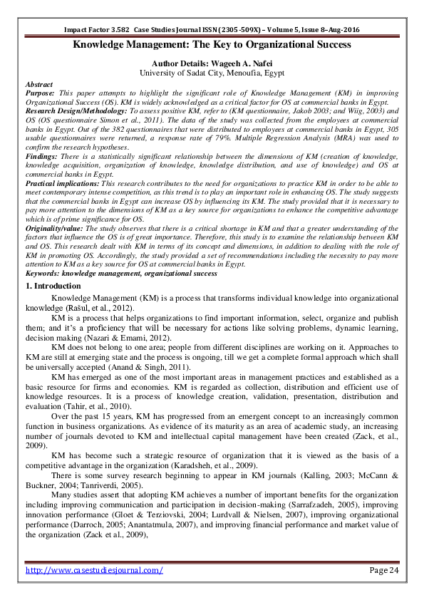 (PDF) Knowledge Management: The Key to Organizational Success | Wageeh ...
