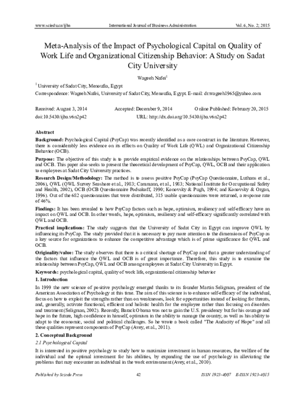 (PDF) Meta-Analysis of the Impact of Psychological Capital on Quality of Work Life and ...