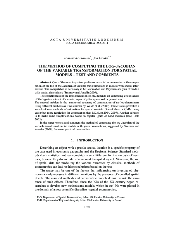 Pdf The Method Of Computing The Log Jacobian Of The Variable Transformation For Spatial Models