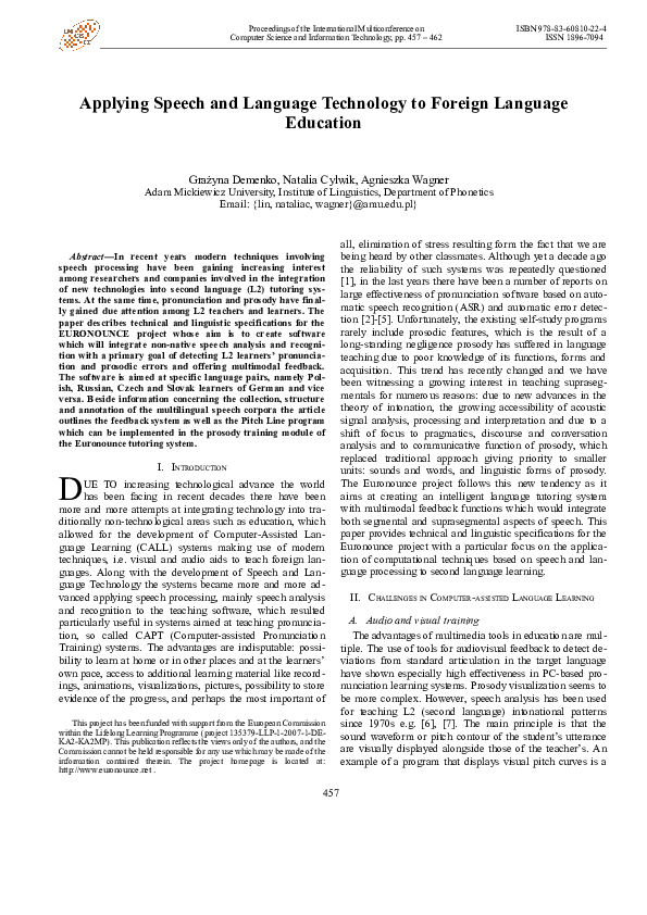 (PDF) Applying speech and language technology to foreign language education