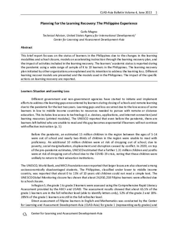 (PDF) Planning for the Learning Recovery: The Philippine Experience