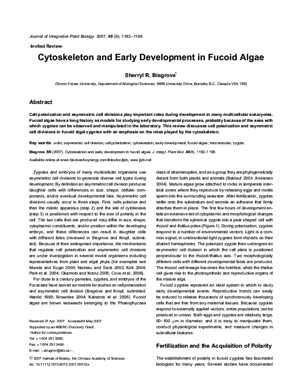 (PDF) Cytoskeleton and Early Development in Fucoid Algae | Sherryl ...