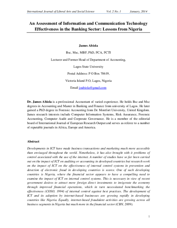(PDF) An Assessment of Information and Communication Technology Effectiveness in the Banking ...