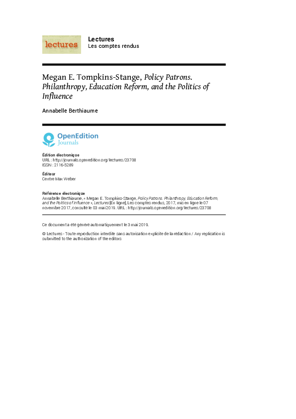 (PDF) Megan E. Tompkins-Stange, Policy Patrons. Philanthropy, Education ...