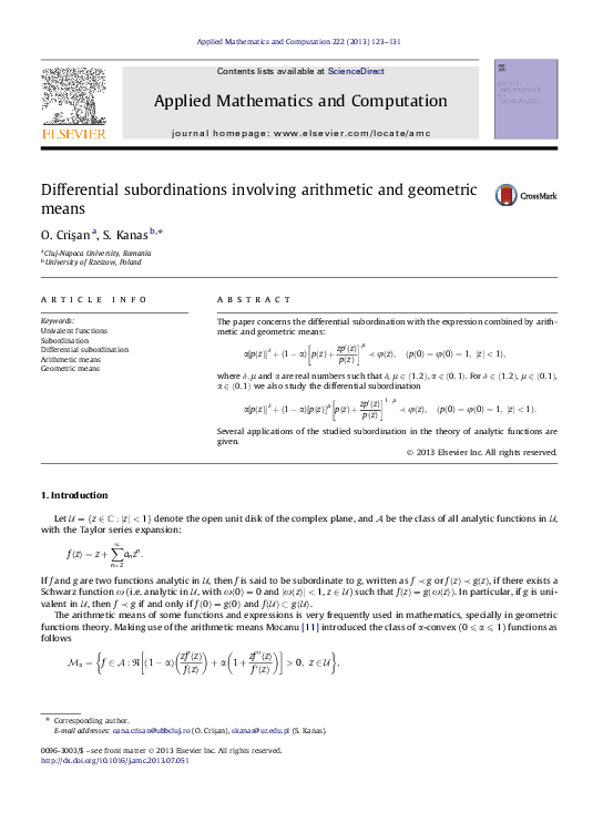 Pdf Differential Subordinations Involving Arithmetic And Geometric Means