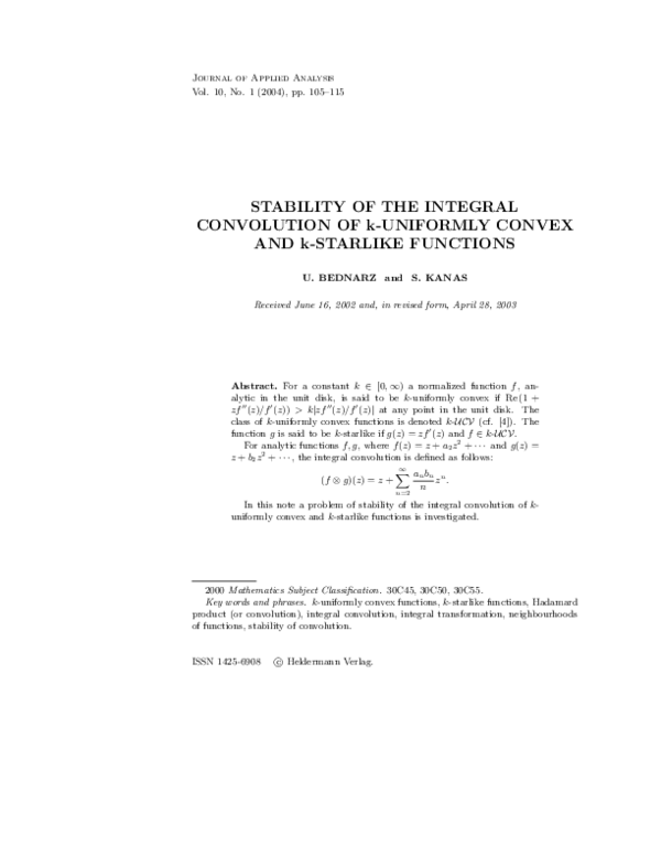(PDF) Stability of the Integral Convolution of k-Uniformly Convex and k-Starlike Functions