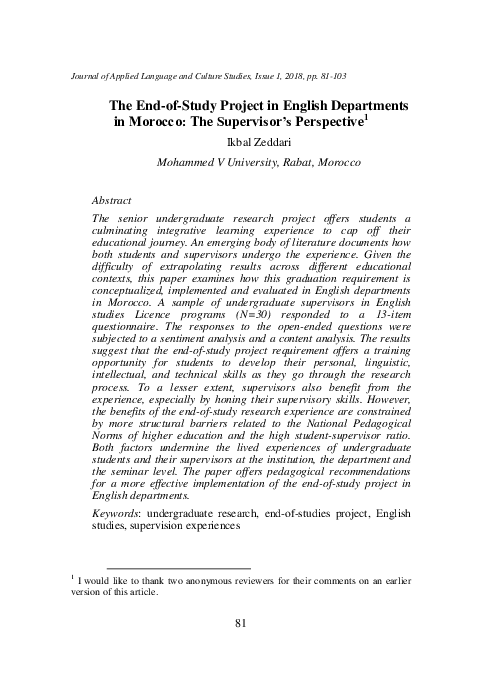 (PDF) The End-of-Study Project in English Departments in Morocco: The ...