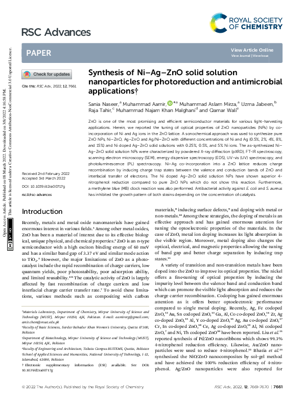 (PDF) Synthesis of Ni-Ag-ZnO solid solution nanoparticles for photoreduction and antimicrobial ...
