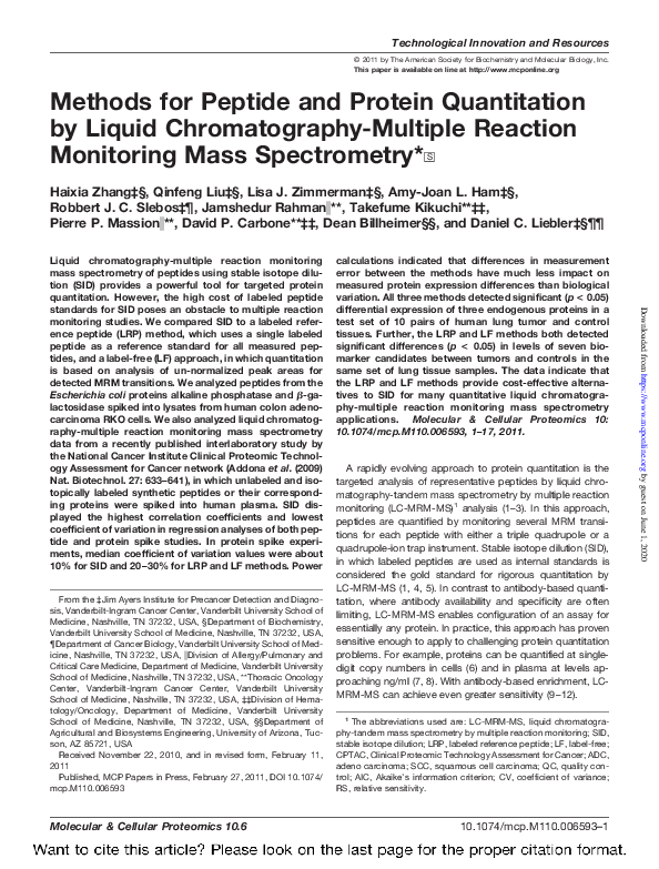 (PDF) Methods for Peptide and Protein Quantitation by Liquid Chromatography-Multiple Reaction ...