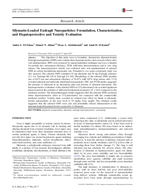 Pdf Silymarin Loaded Eudragit Nanoparticles Formulation Characterization And