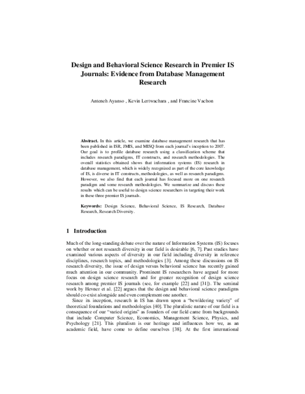 (PDF) Design and Behavioral Science Research in Premier IS Journals ...