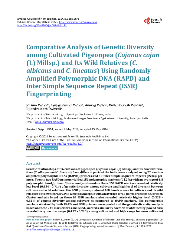 (PDF) Comparative Analysis of Genetic Diversity among Cultivated Pigeonpea (Cajanus cajan (L ...