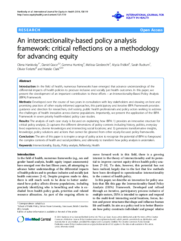 (PDF) An intersectionality-based policy analysis framework: critical reflections on a ...
