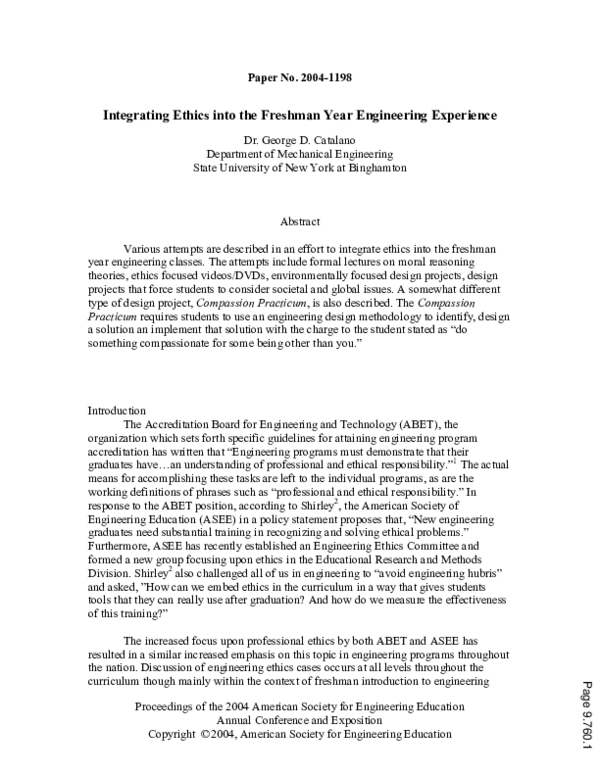 (PDF) Integrating Ethics Into The Freshman Year Engineering Experience ...