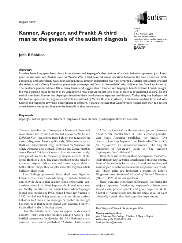Kanner, Asperger, and Frankl: A third man at the genesis of the autism ...