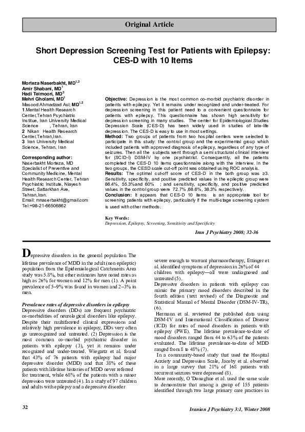 (PDF) Short Depression Screening Test for Patients with Epilepsy: CES-D ...