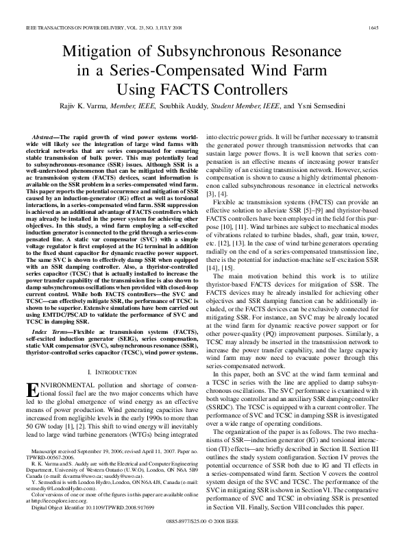 (PDF) Mitigation of Subsynchronous Resonance in a Series-Compensated Wind Farm Using FACTS ...