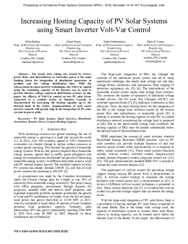 (PDF) Increasing Hosting Capacity of PV Solar Systems using Smart Inverter Volt-Var Control