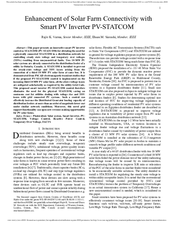 Pdf Enhancement Of Solar Farm Connectivity With Smart Pv Inverter Pv Statcom