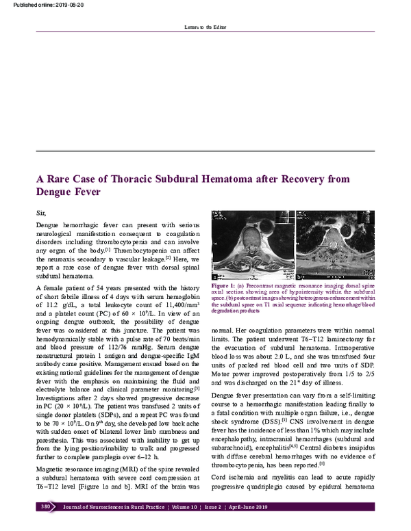 (PDF) A rare case of thoracic subdural hematoma after recovery from dengue fever