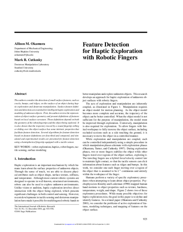 (PDF) Feature Detection for Haptic Exploration with Robotic Fingers