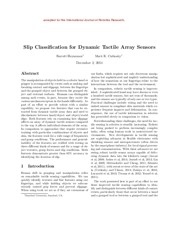 Pdf Slip Classification For Dynamic Tactile Array Sensors