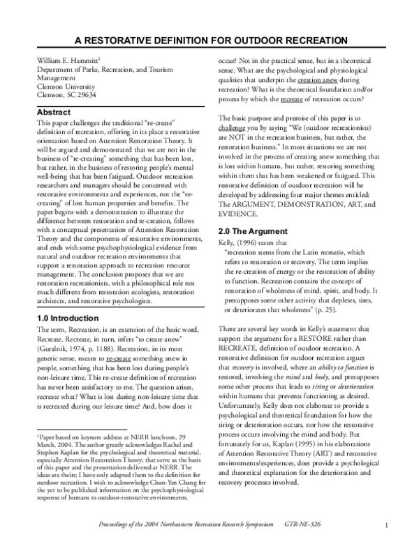 (PDF) A Restorative Definition for Outdoor Recreation