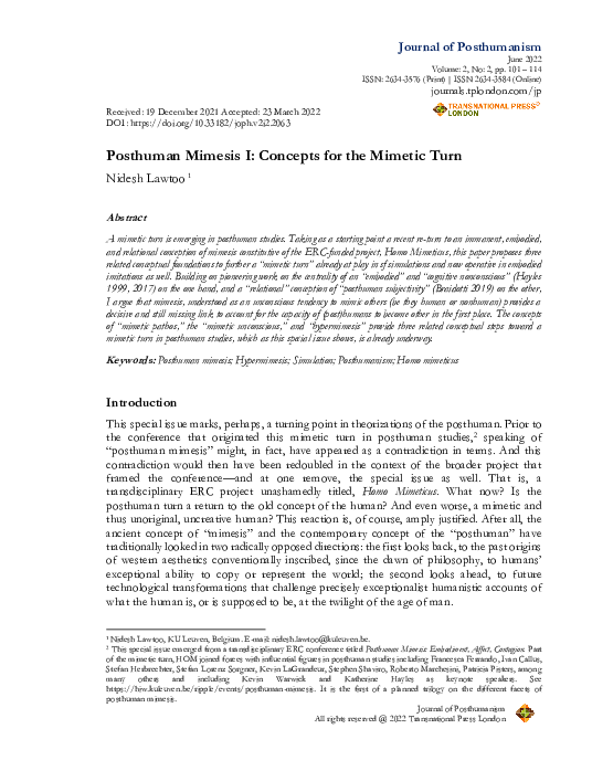 (PDF) Posthuman Mimesis I: Concepts for the Mimetic Turn | Nidesh ...