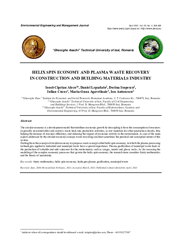 (PDF) Helix Spin Economy and Plasma Waste Recovery in Construction and Building Materials Industry