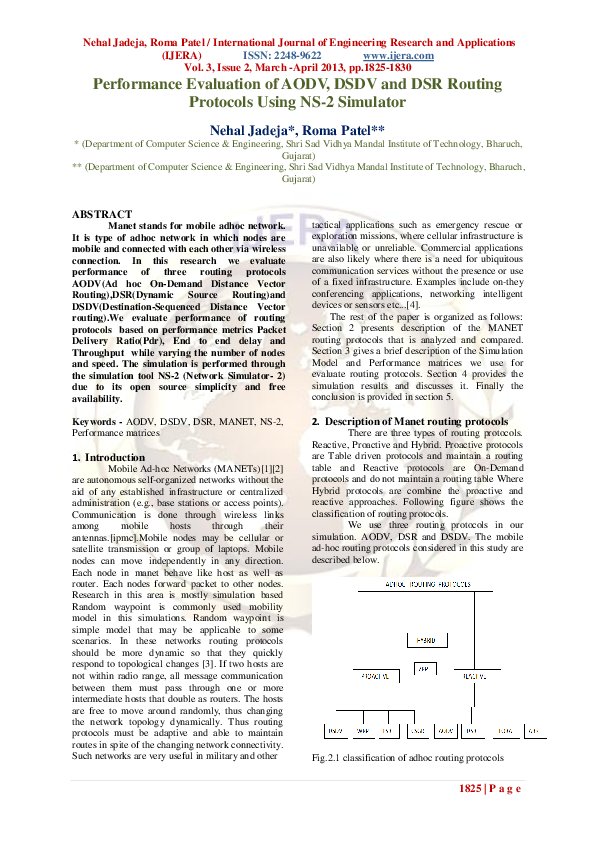 (PDF) Performance Evaluation of AODV, DSDV and DSR Routing Protocols using NS-2 Simulator ...