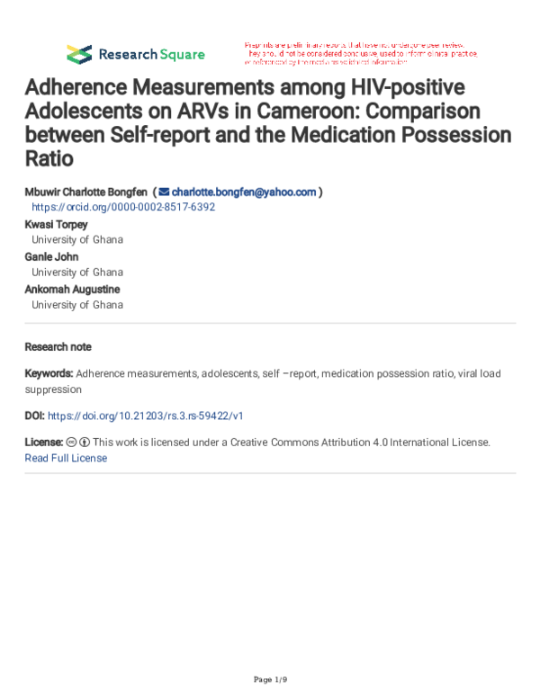 (PDF) Adherence Measurements among HIV-positive Adolescents on ARVs in ...