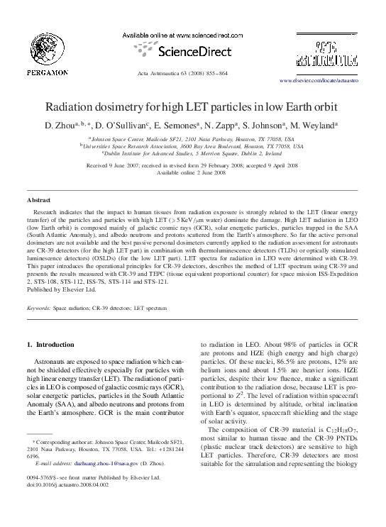(PDF) Radiation dosimetry for high LET particles in low Earth orbit