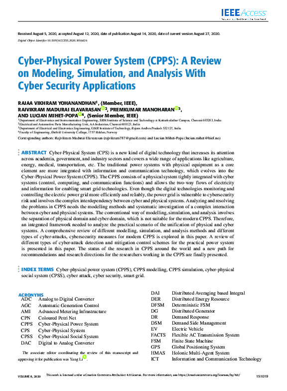 Pdf Cyber Physical Power System Cpps A Review On Modeling Simulation And Analysis With