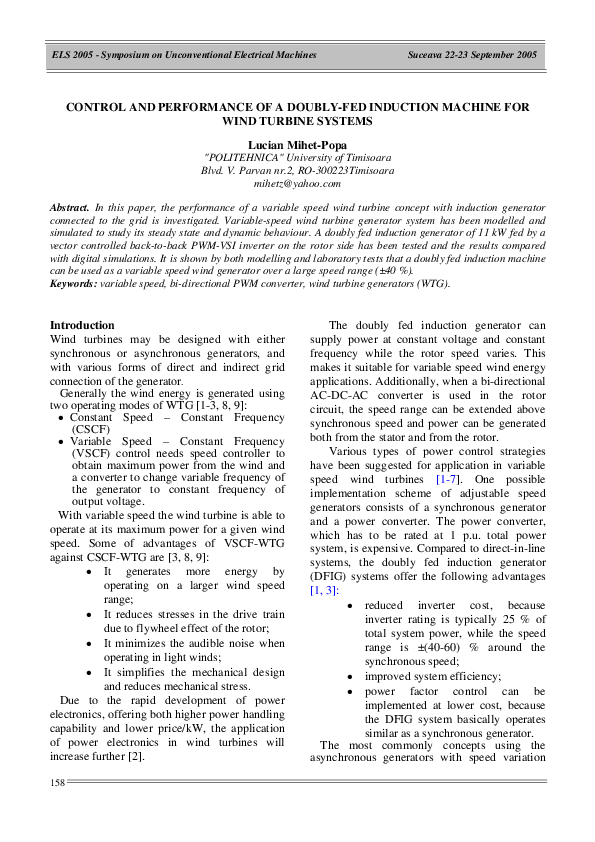 (PDF) Control and Performance of a Doubly-Fed Induction Machine for ...