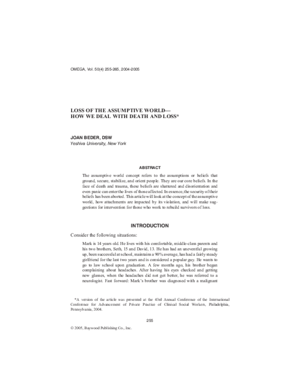 (PDF) Loss of the Assumptive World—How We Deal with Death and Loss