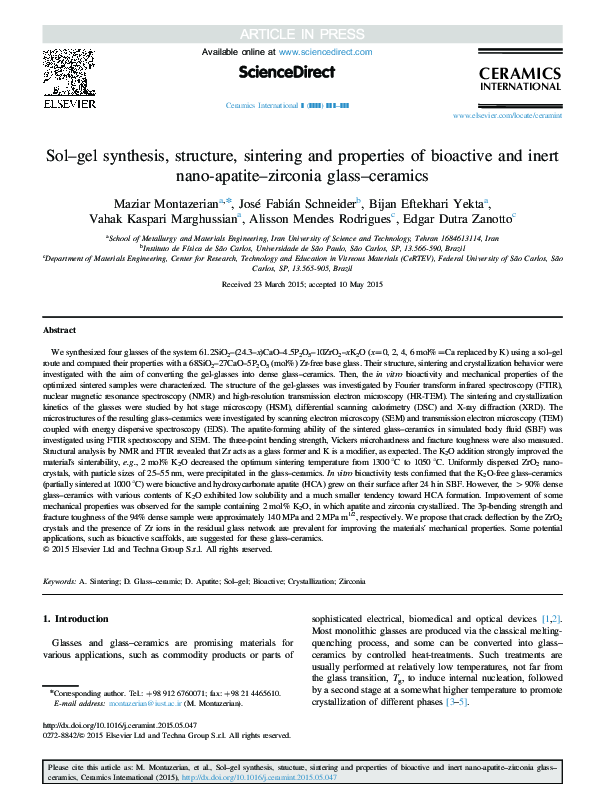 (PDF) Sol-gel synthesis, structure, sintering and properties of bioactive and inert nano apatite ...