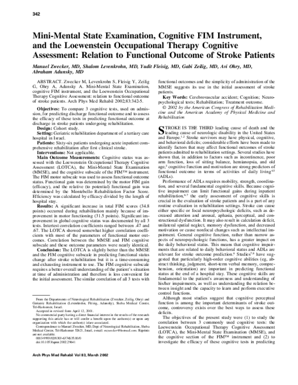 (PDF) Mini-Mental State Examination, cognitive FIM instrument, and the ...