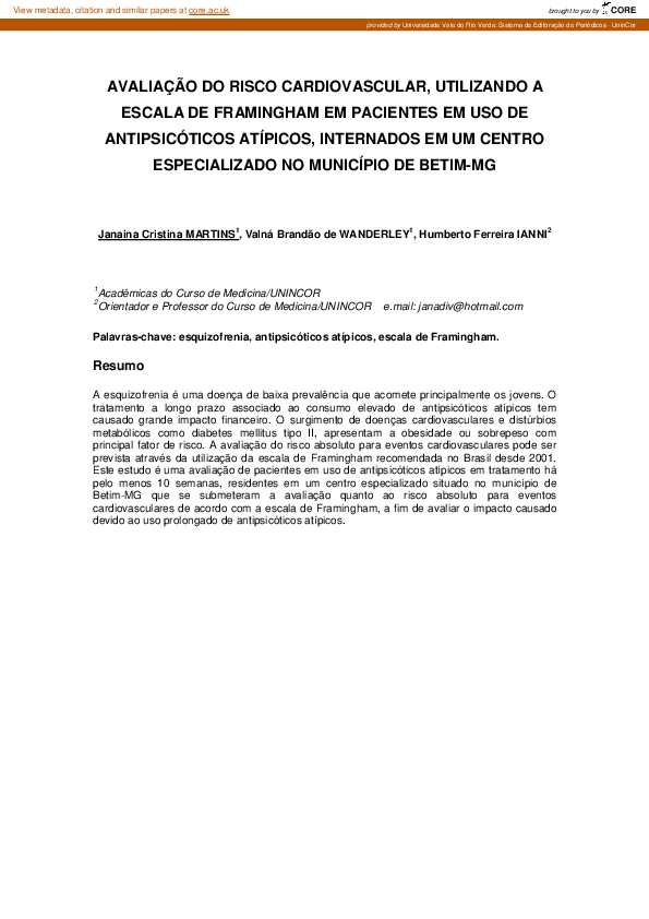 (PDF) Avaliação Do Risco Cardiovascular, Utilizando a Escala De ...