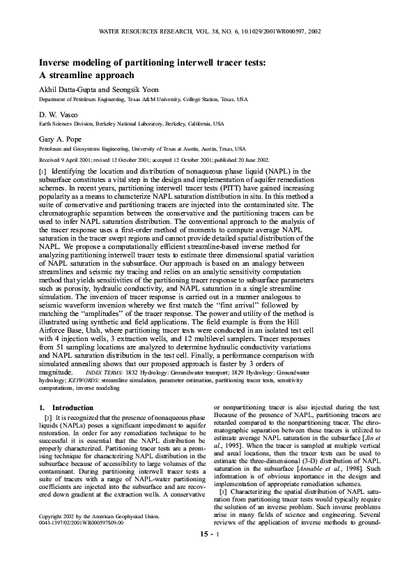 (PDF) Inverse modeling of partitioning interwell tracer tests: A ...