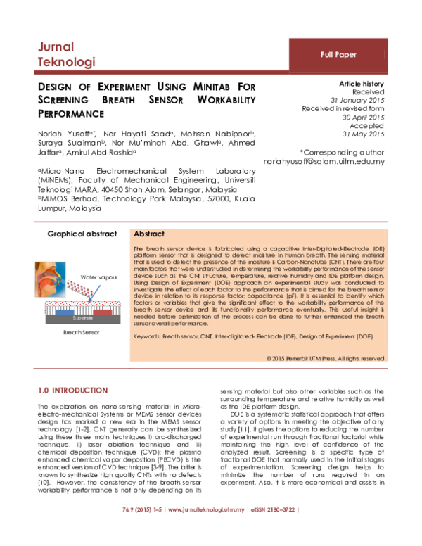 (PDF) Design of Experiment Using Minitab for Screening Breath Sensor ...