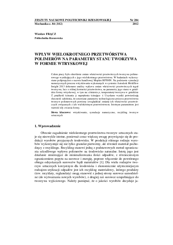 (PDF) Wpływ wielokrotnego przetwórstwa polimerów na parametry stanu ...