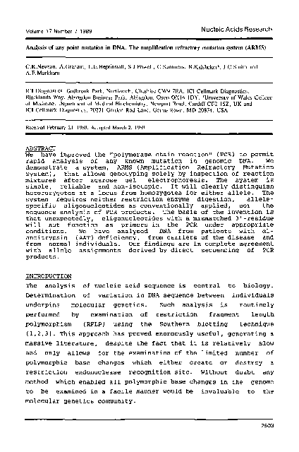 Pdf Analysis Of Any Point Mutation In Dna The Amplification Refractory Mutation System Arms