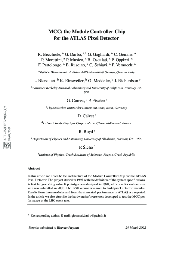 (PDF) MCC: the Module Controller Chip for the ATLAS Pixel Detector