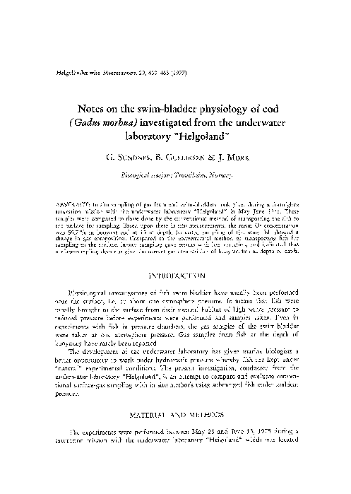 Notes on the swim-bladder physiology of cod(Gadus morhua) investigated ...