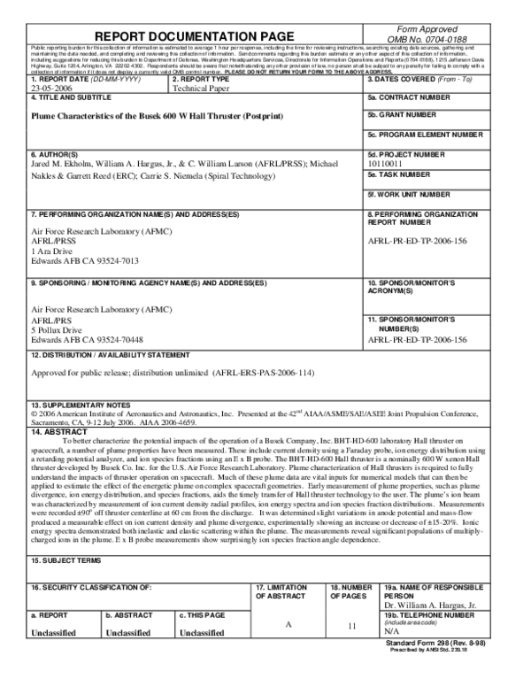 (PDF) Plume Characteristics of the Busek 600 W Hall Thruster
