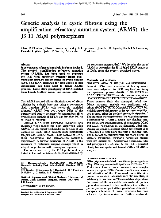 (PDF) Genetic analysis in cystic fibrosis using the amplification refractory mutation system ...
