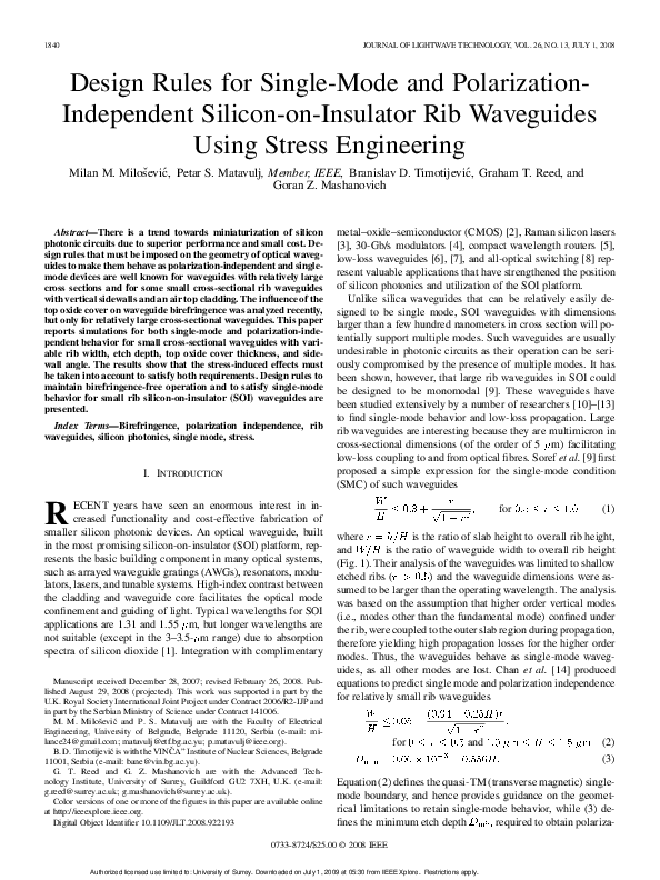 (PDF) Design Rules for Single-Mode and Polarization-Independent Silicon-on-Insulator Rib ...